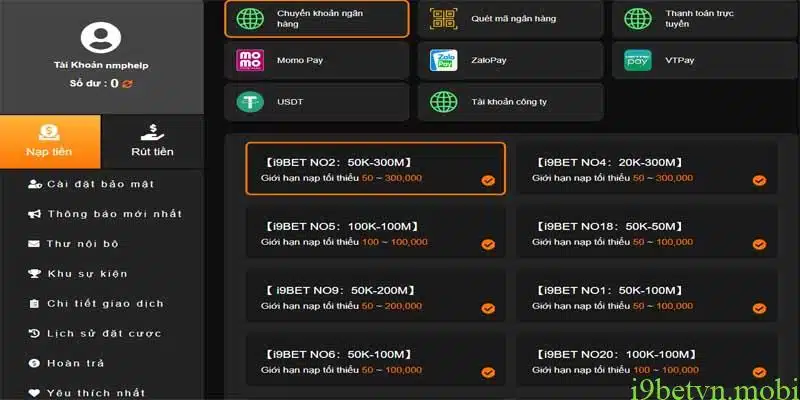 Nạp tiền với nhiều phương thức hỗ trợ đa dạng từ i9Bet